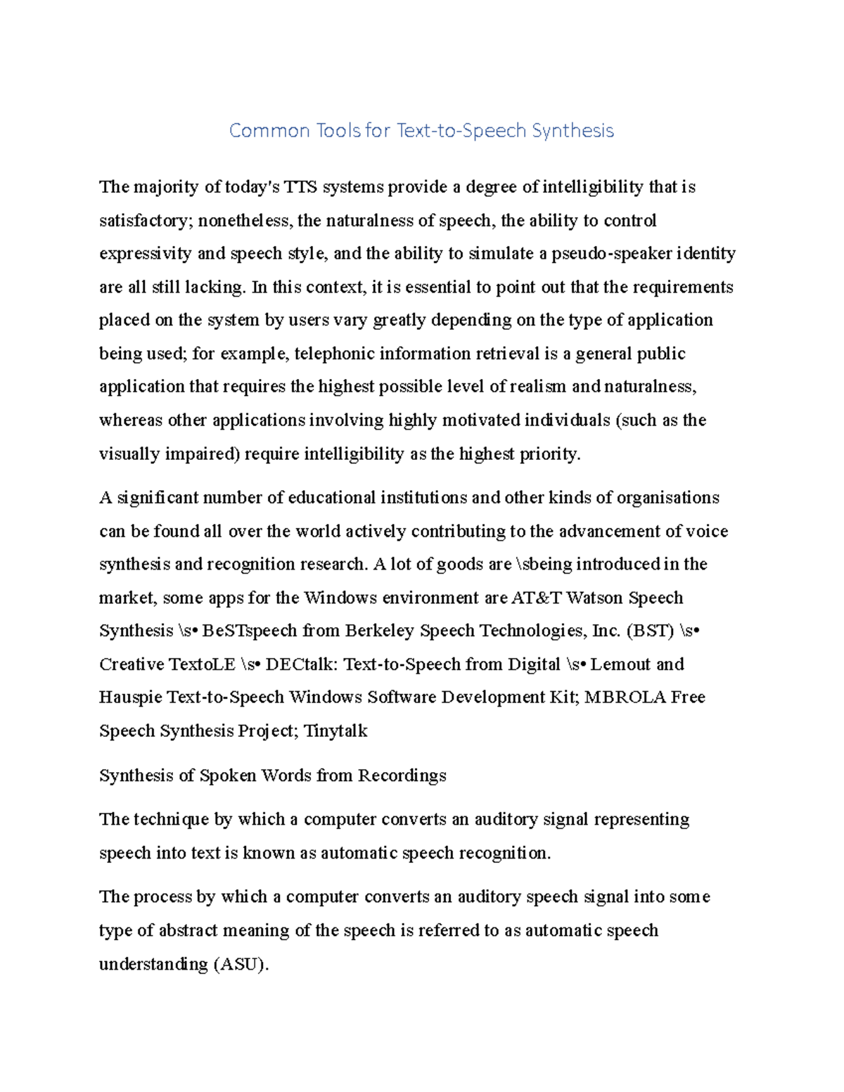 Common Tools for Text to speech Synthesis - Common Tools for Text-to ...