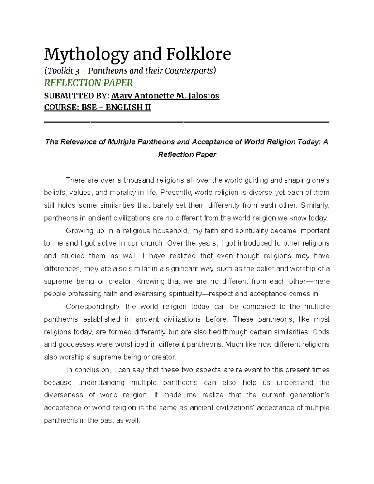 Reflection Paper-Toolkit 3- Spec 112-E - Mythology and Folklore (Toolkit 3 - Pantheons and their ...