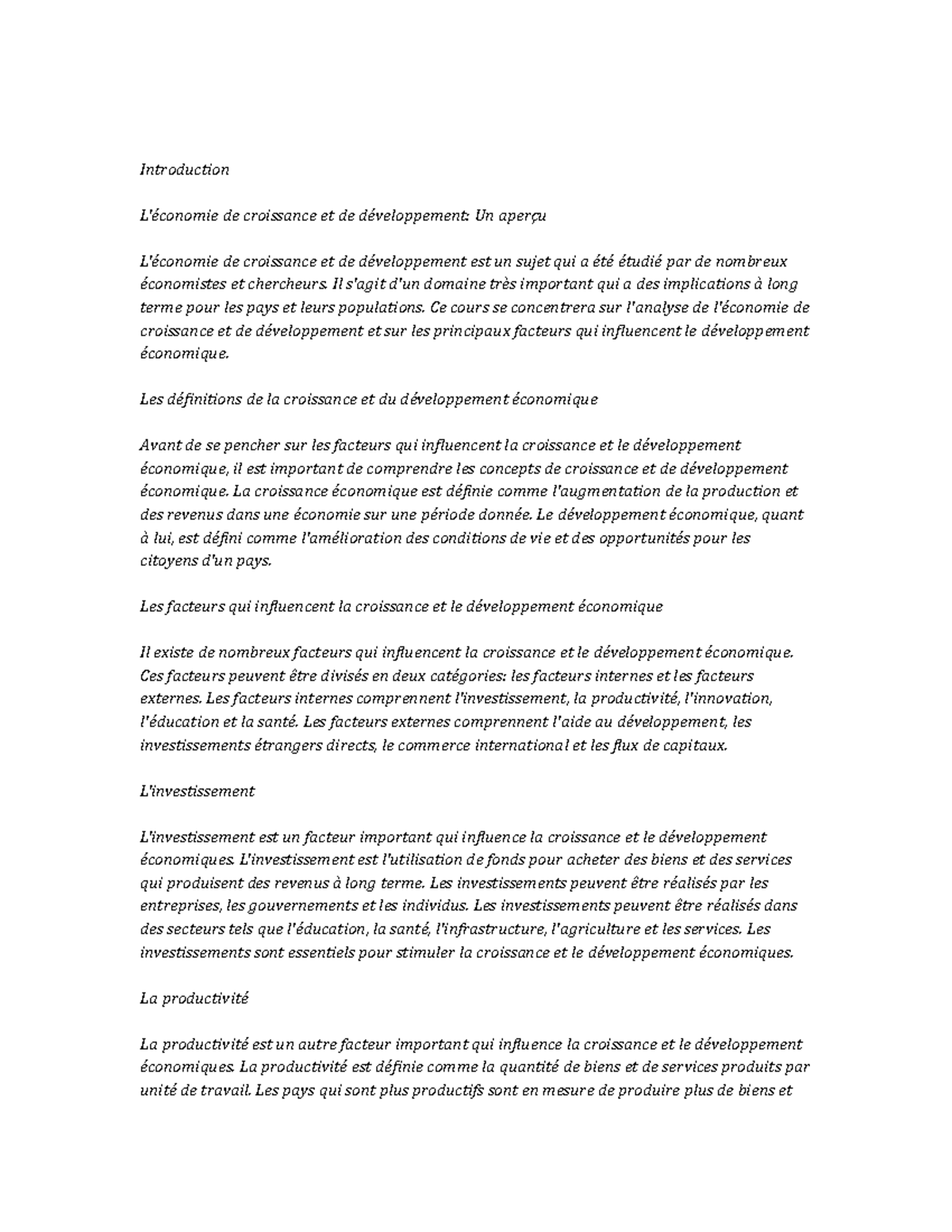 Economic Growth and Development note study - Introduction L'économie de ...