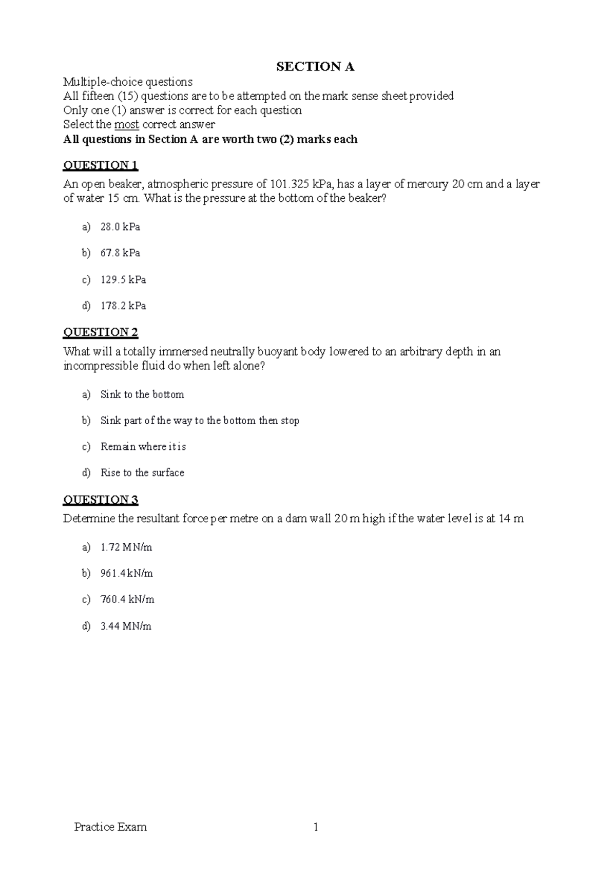 Practice Exam Fluid Mechanics - SECTION A Multiple-choice questions All ...