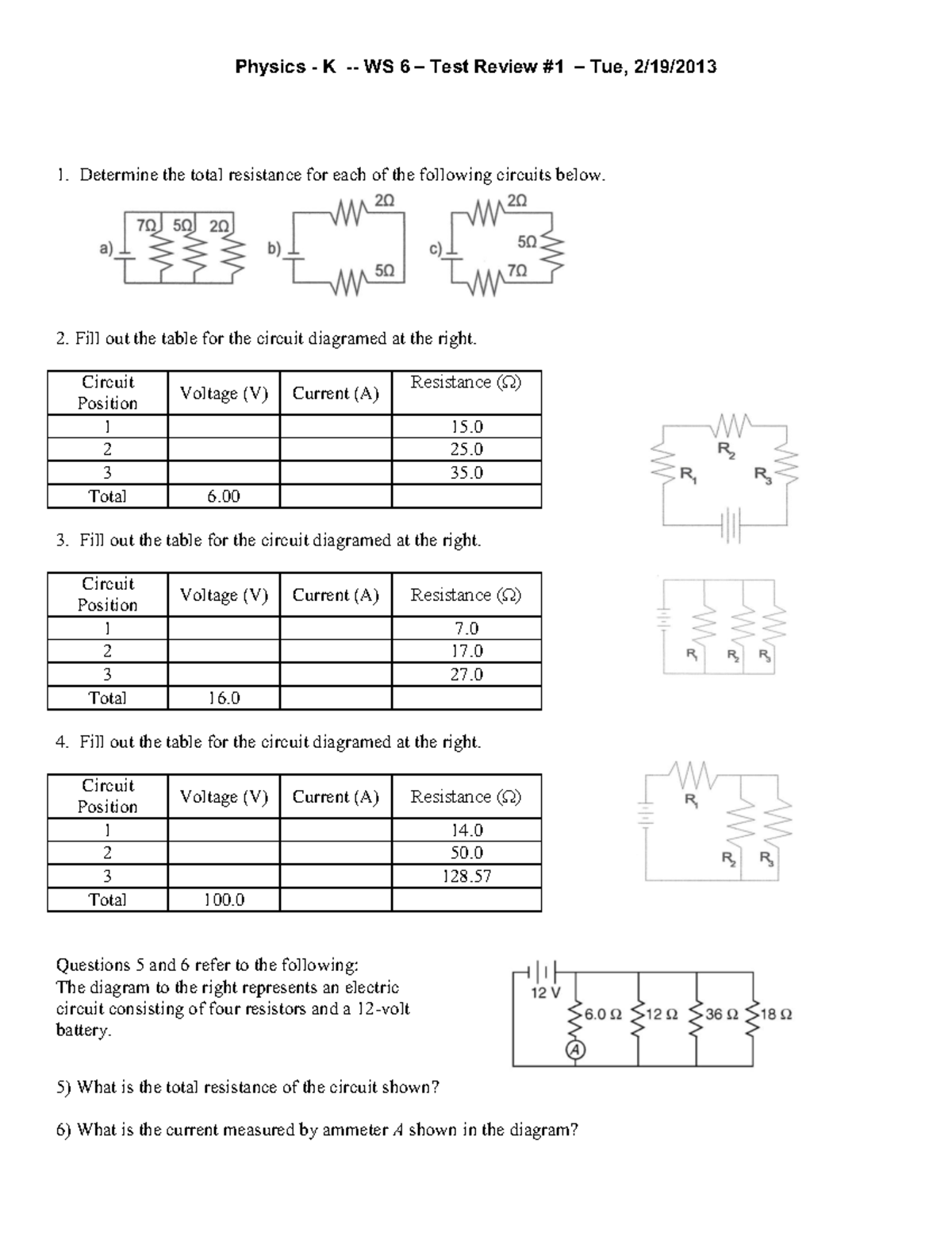 Circuits Worksheet - Physics - K - WS 6 – Test Review #1 – Tue, 2/19 ...