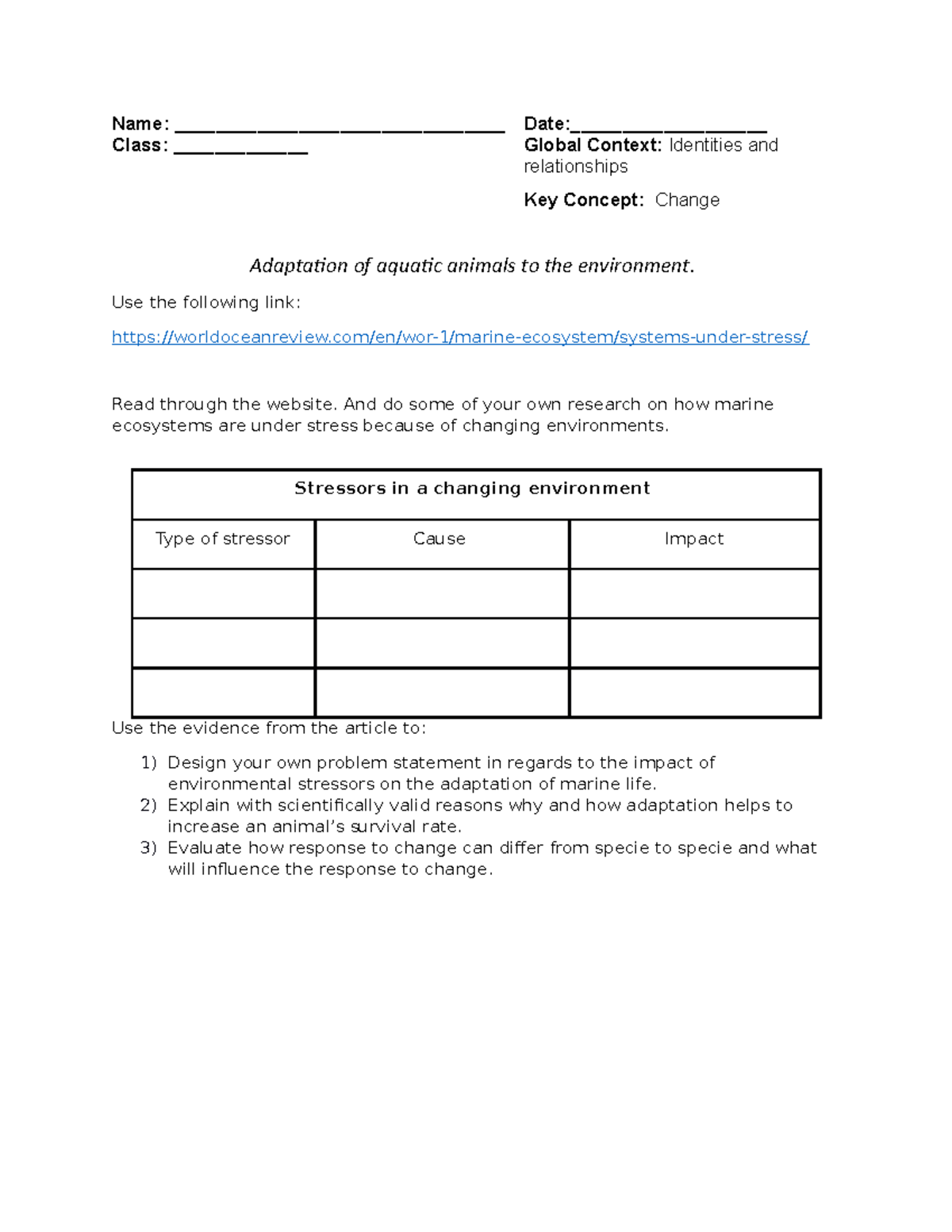 Adaptation of marine life worksheet for high school - Name