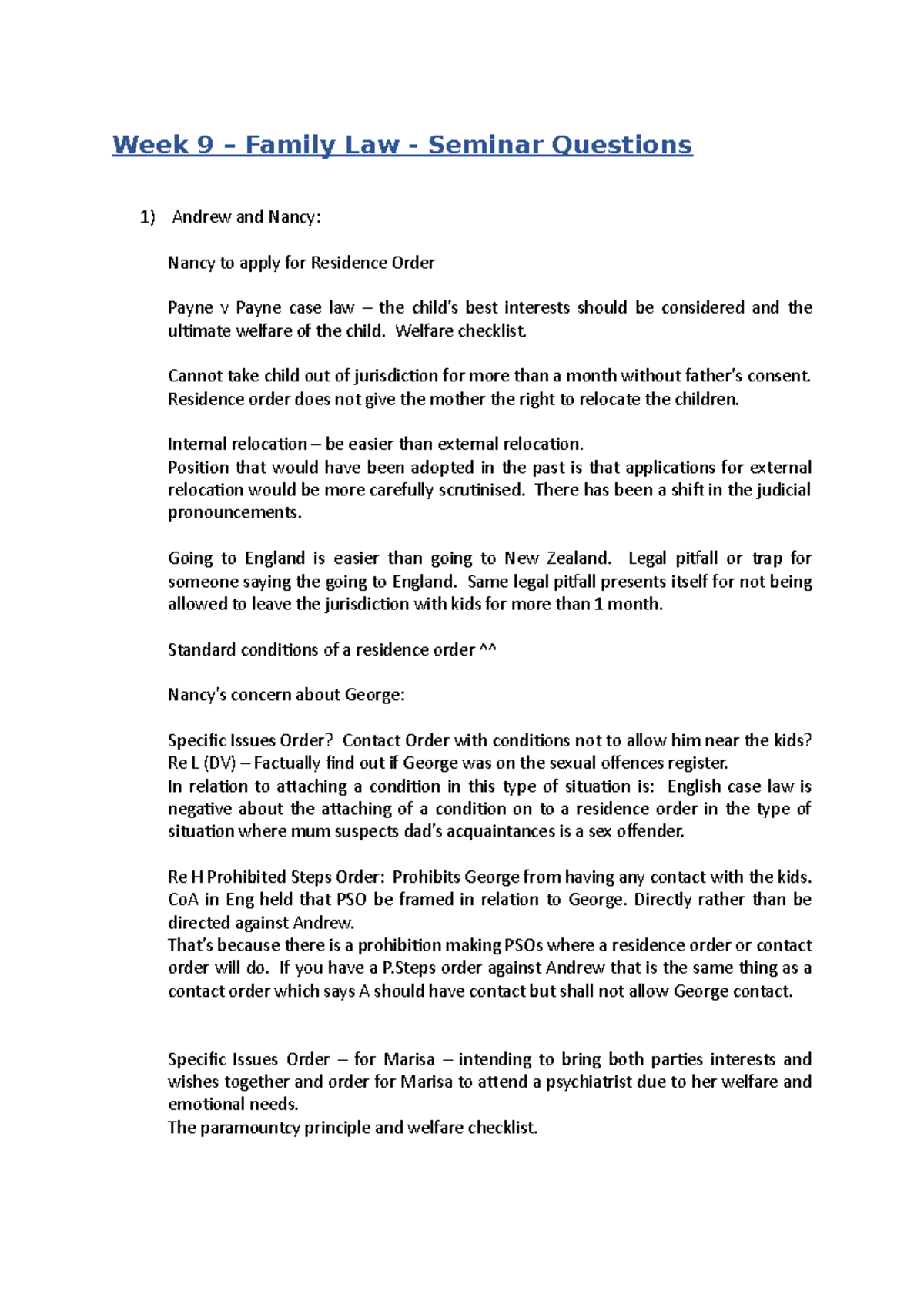 Week 9 - Seminar Answers - Week 9 – Family Law - Seminar Questions ...