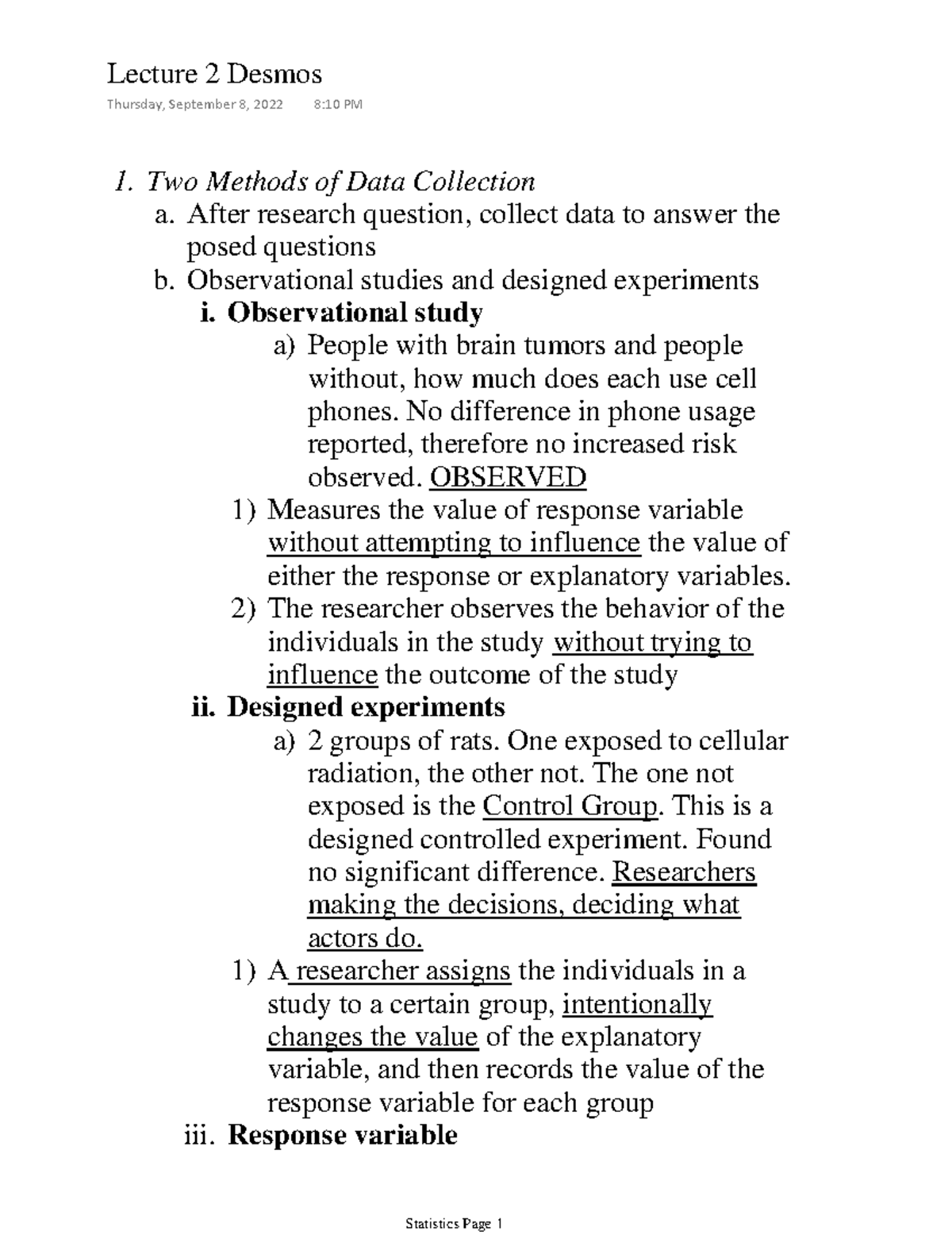 Lecture 2 Desmos - Two Methods of Data Collection After research question, collect data to ...