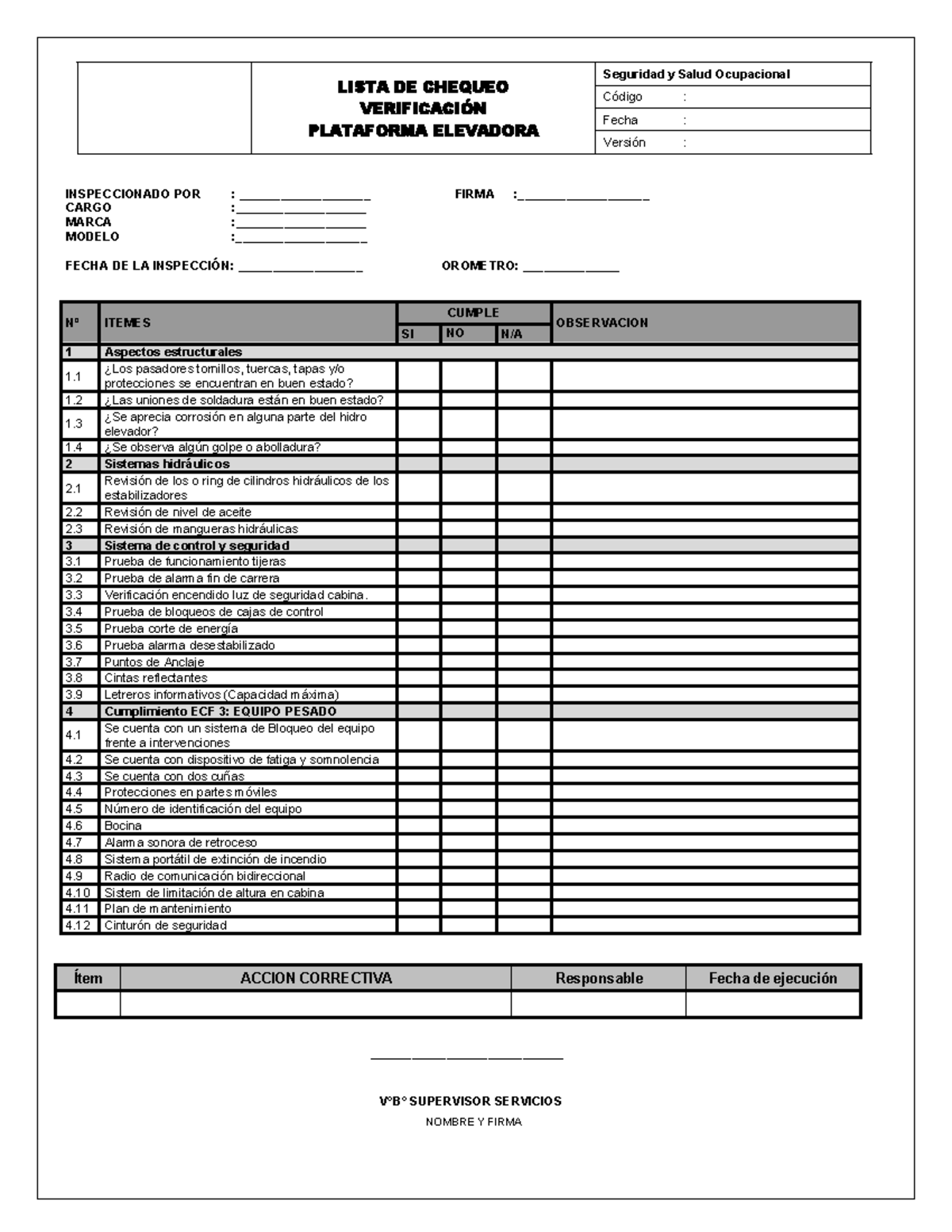 Check List. Plataforma Elevadora - LISTA DE CHEQUEO VERIFICACIÓN ...