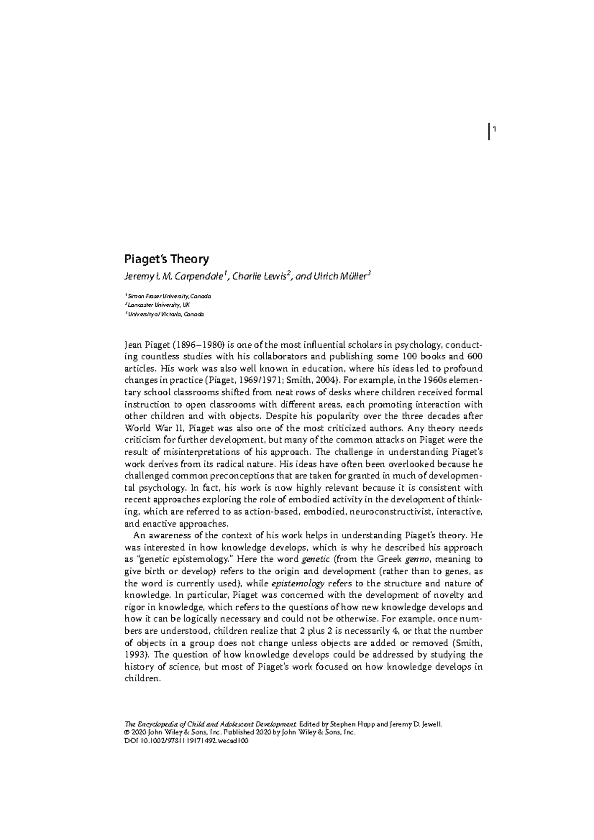 The Encyclopedia of Child and Adolescence Piaget - 1 Piaget’s Theory ...