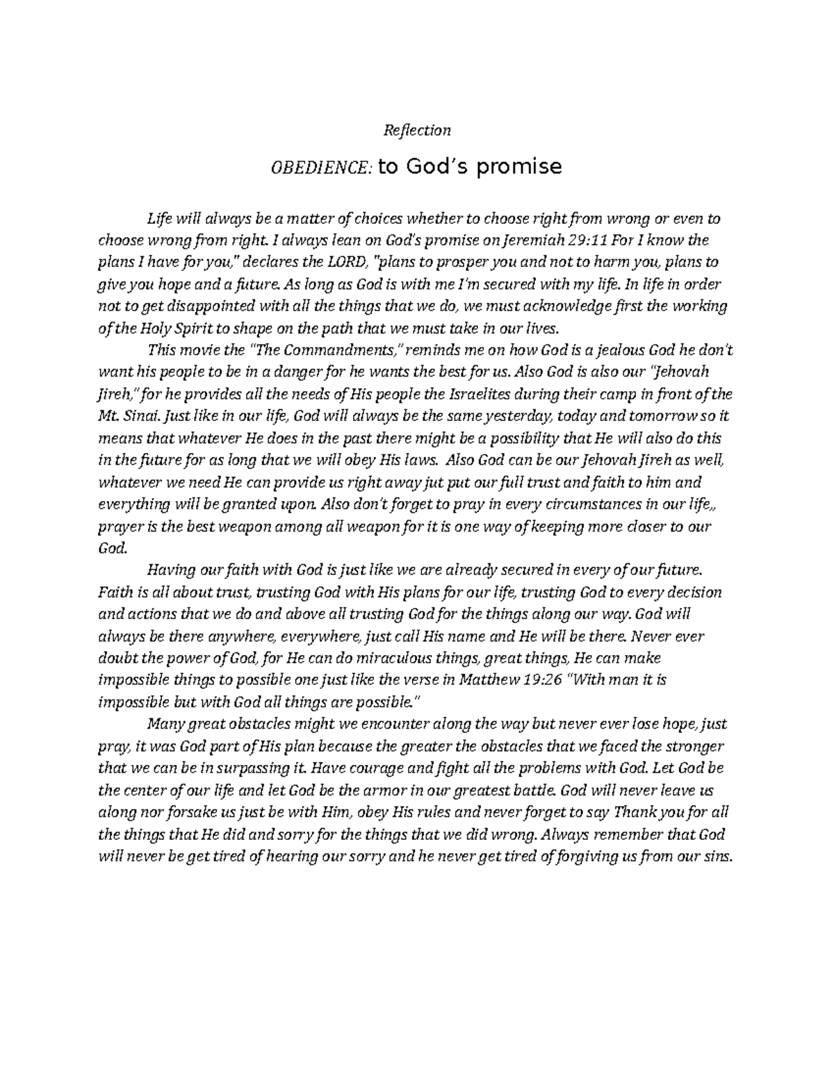 Reflection Paper - Obedience to God's promises - Reflection OBEDIENCE ...