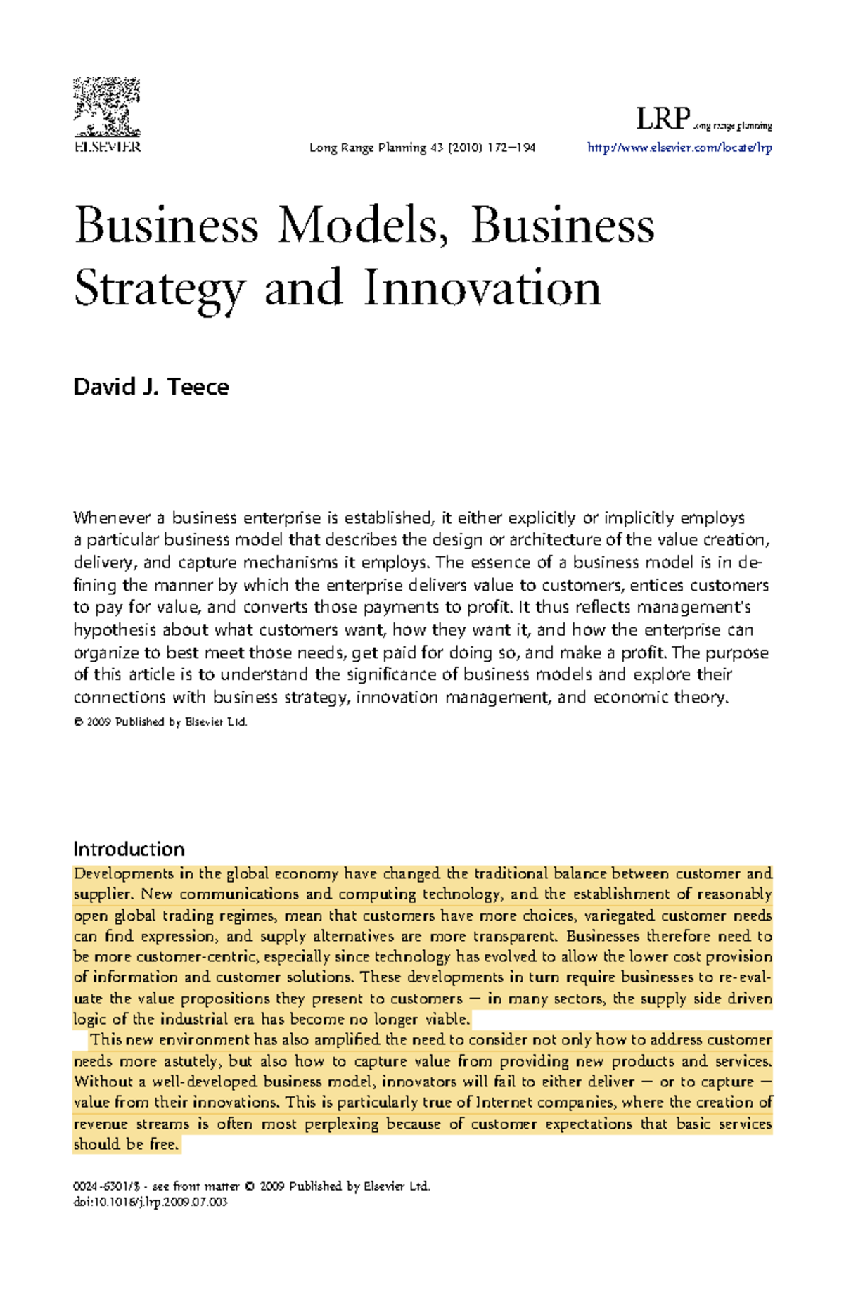 Business Models, Business Strategy and Innovation - Teece Whenever a ...