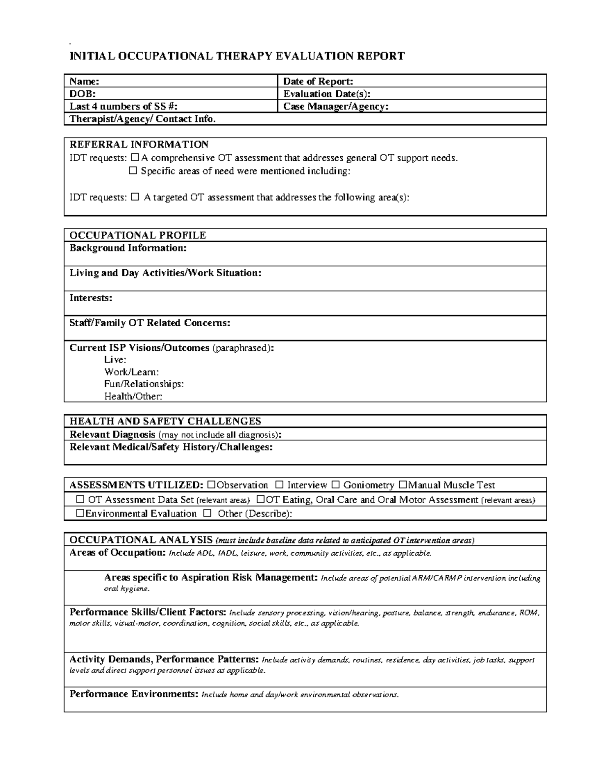 CSB TS Evaluation OT Initial - . INITIAL OCCUPATIONAL THERAPY ...