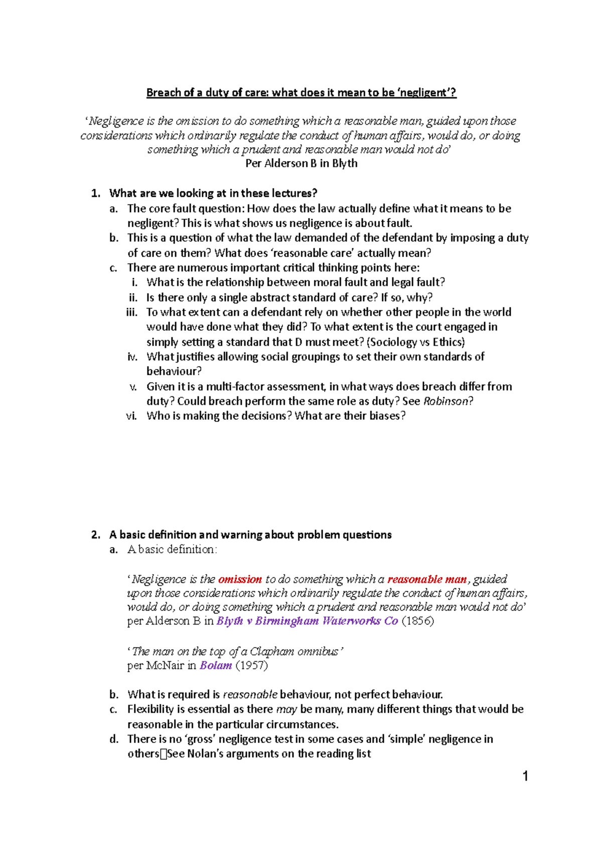 Breach Of Duty Handout Breach Of A Duty Of Care What Does It Mean To