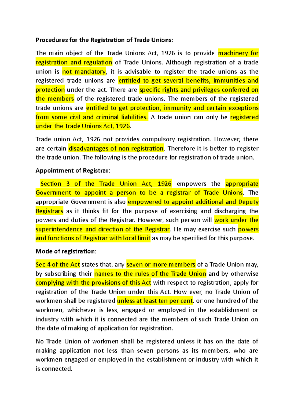 Procedures for the Registration of Trade Unions - Although registration ...