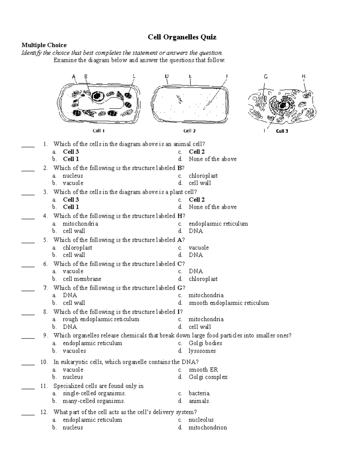 Cell Organelles Quiz - Gen bio - Cell Organelles Quiz Multiple Choice ...
