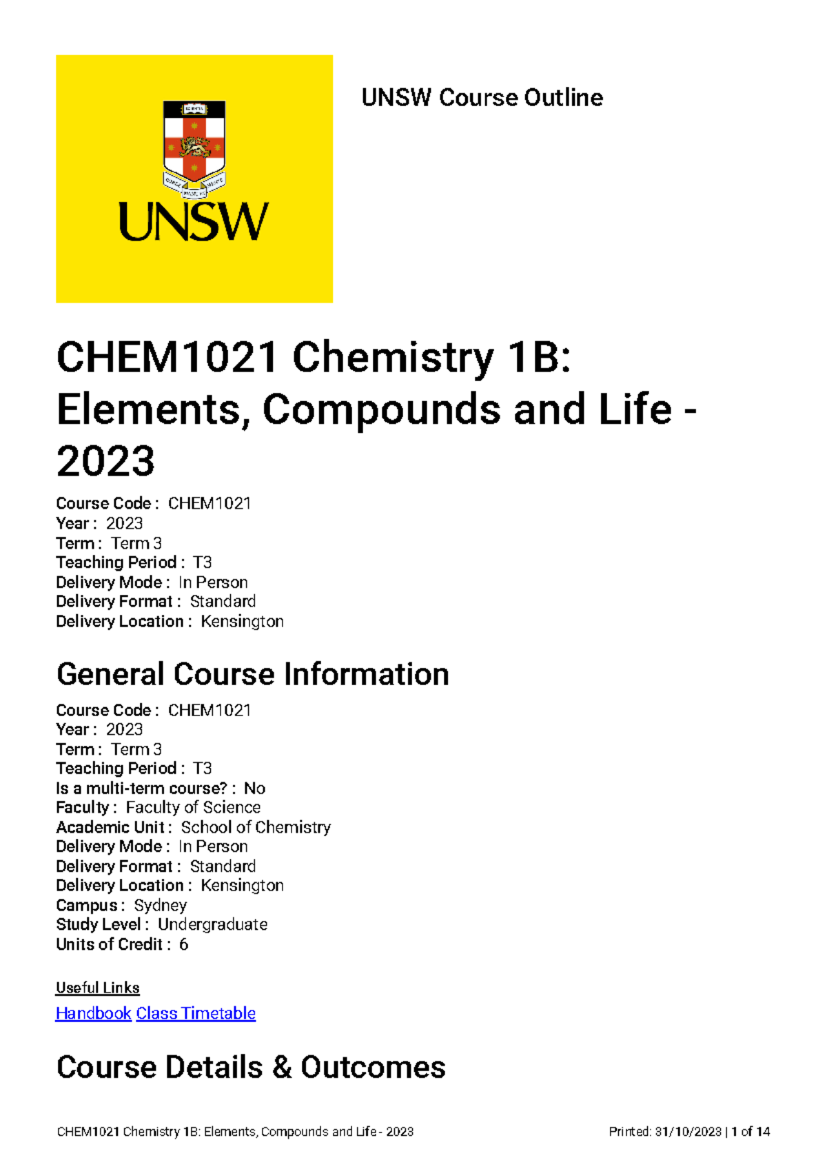 CO CHEM1021 1 2023 Term 3 T3 In Person Standard Kensington - UNSW ...
