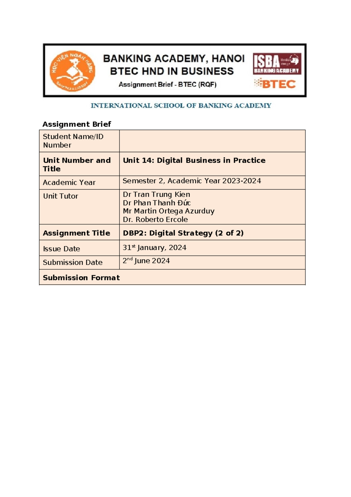 DBP-Assignment-Brief-A2 Final - Assignment Brief Student Name/ID Number Unit Number and Title ...