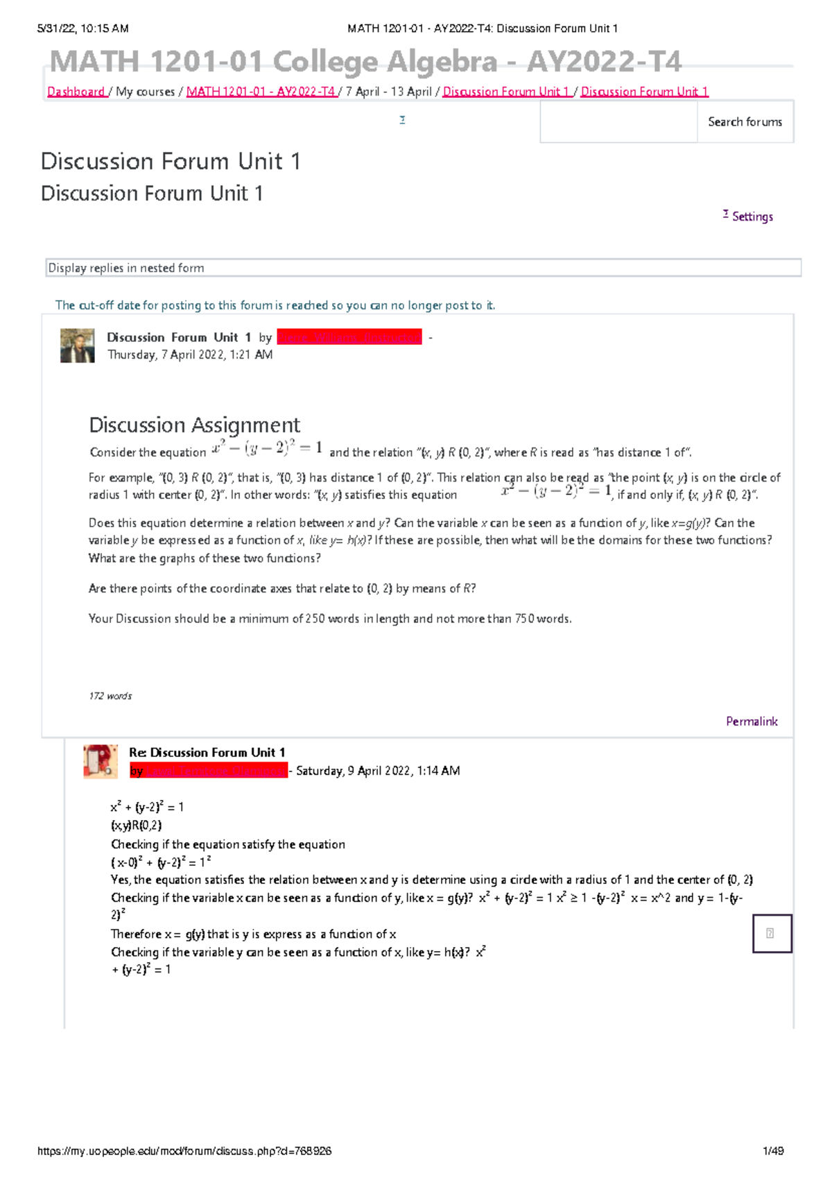 MATH 1201-01 - AY2022-T4 Discussion Forum Unit 1 - MATH 1201-01 College Algebra - AY2022-T ...