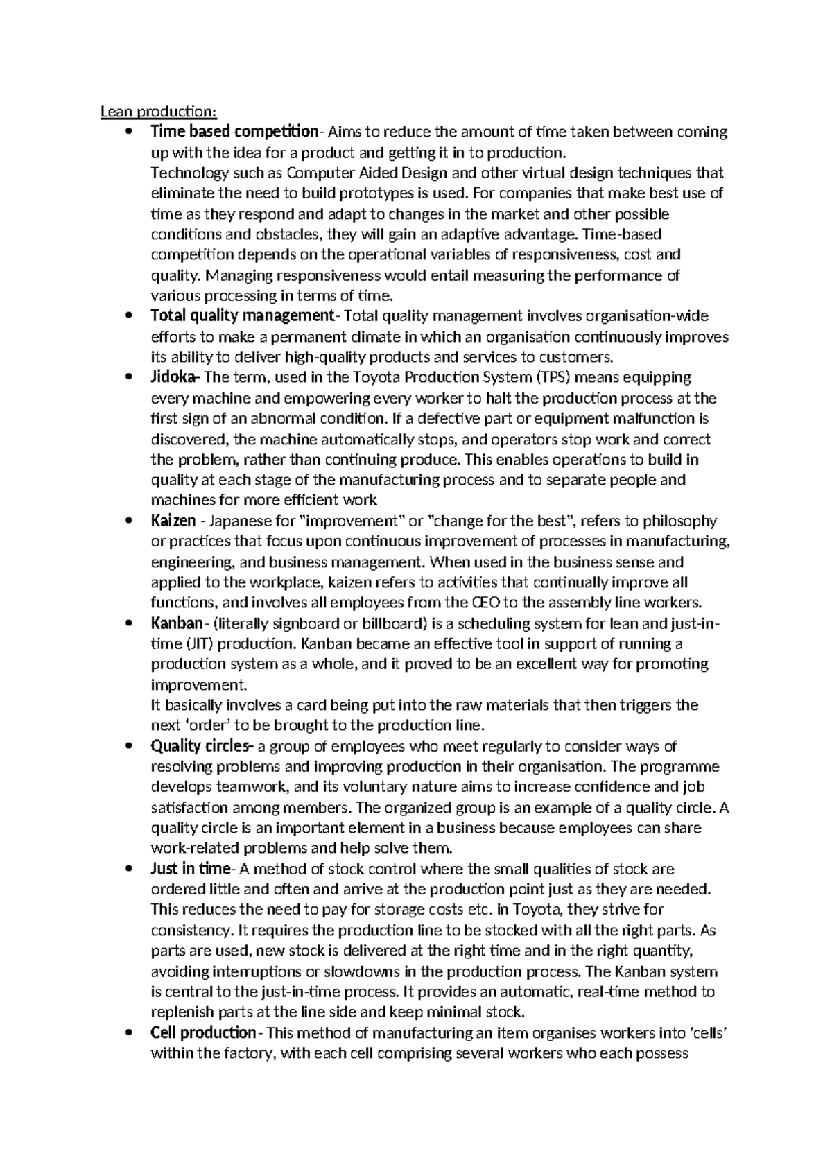 Lean production - Lean production: Time based competition- Aims to ...