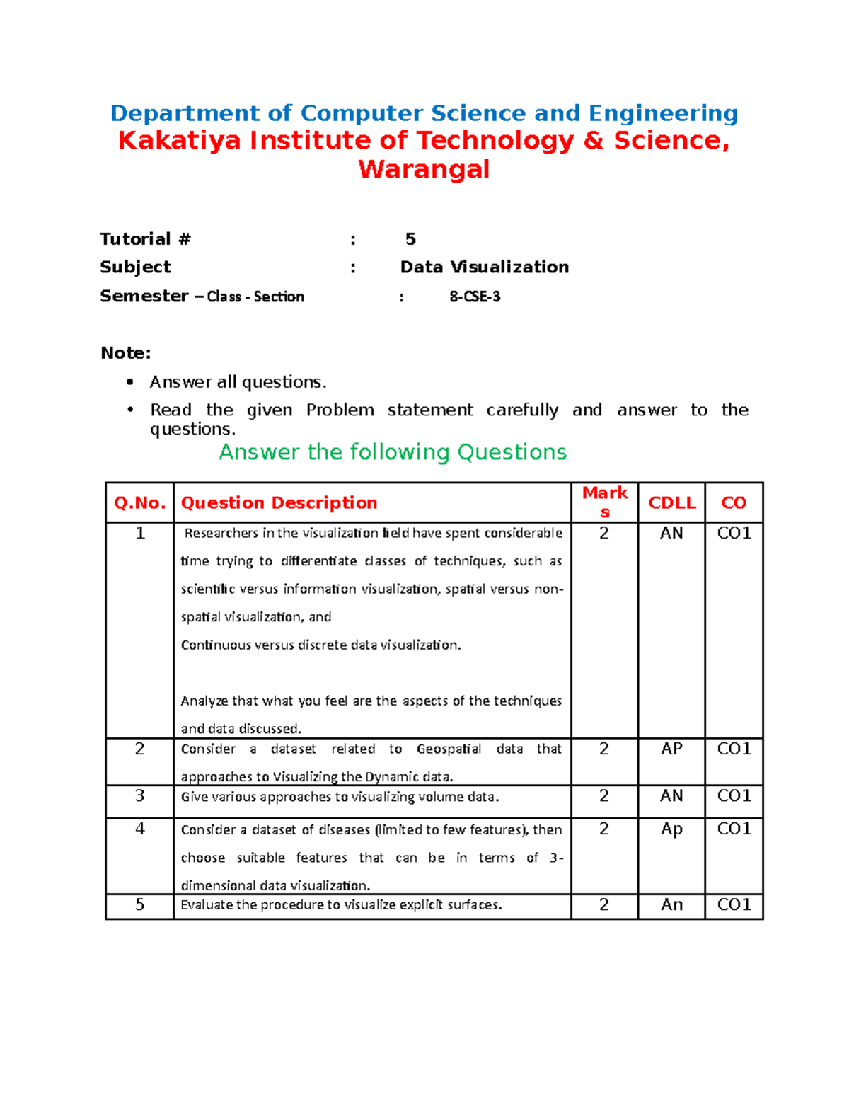 T5-Questions DV - DATA VISUALIZATION - Department of Computer Science and Engineering Kakatiya ...