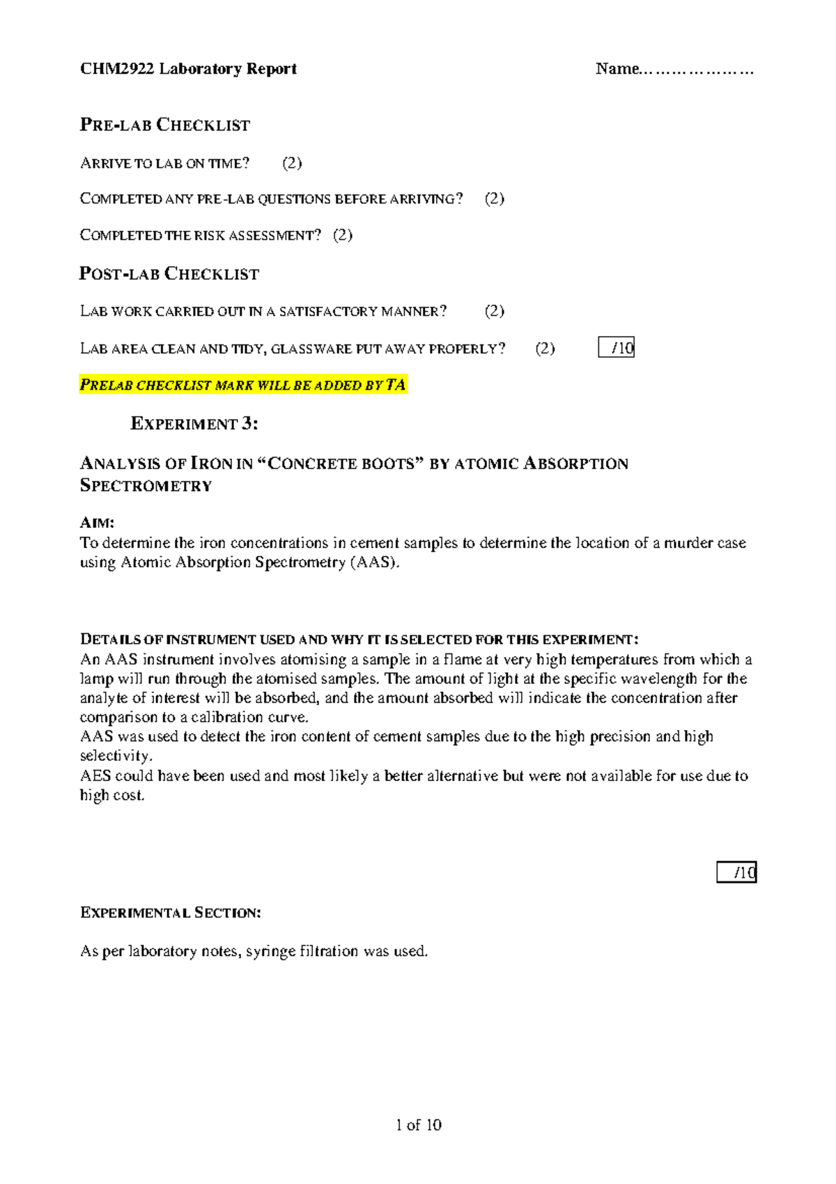 Expt3 AAS - lab - CHM2922 Laboratory Report Name..................... 1 ...