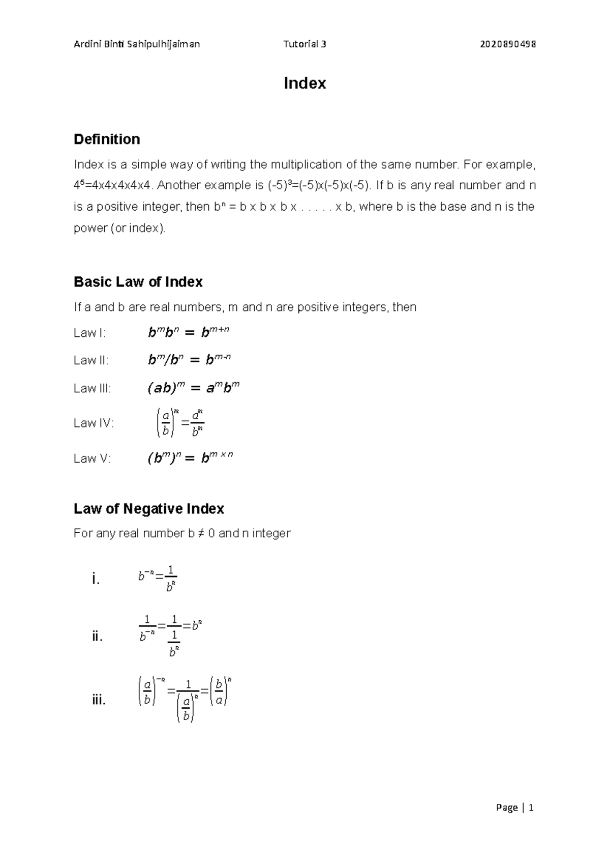 CSC134 - Tutorial 3 - Ardini Binti Sahipulhijaiman Tutorial 3 2020890498 Index Definition Index ...