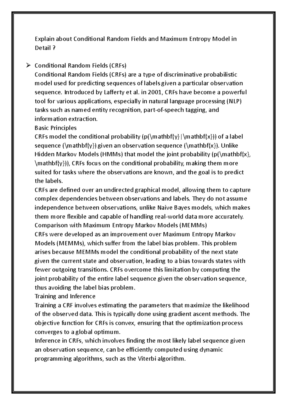 Nlp assignment 4 - Explain about Conditional Random Fields and Maximum ...