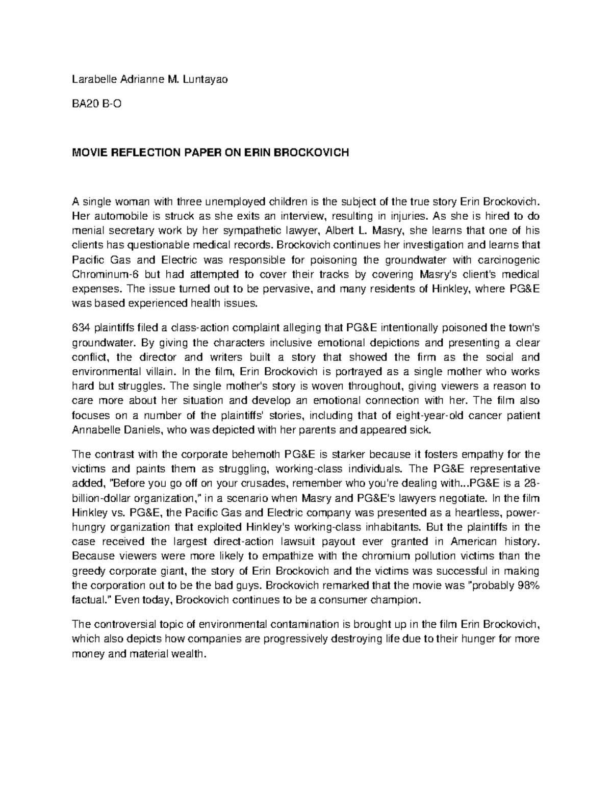Luntayao B-O Movie Refelction - Larabelle Adrianne M. Luntayao BA20 B-O ...