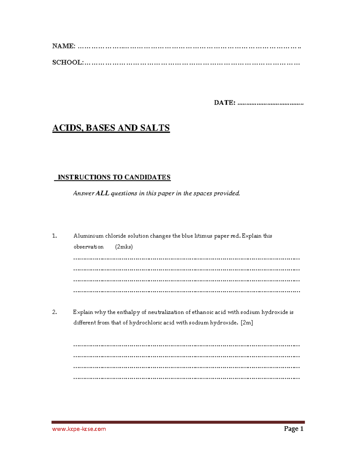 18 - Acid Bases and salts - NAME: - Studocu