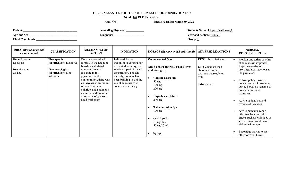 Colace (Docusate) - DRUG STUDY - GENERAL SANTOS DOCTORS' MEDICAL SCHOOL ...
