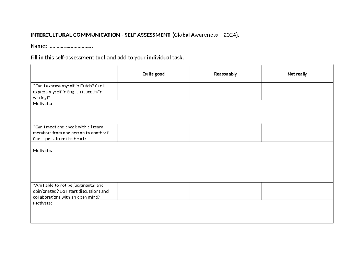 Intercultural communication - self assessment - INTERCULTURAL ...