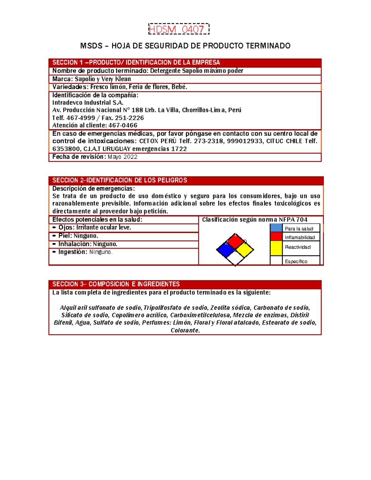HDSM 0407 Detergente Sapolio Maximo Poder MAYO - MSDS – HOJA DE ...