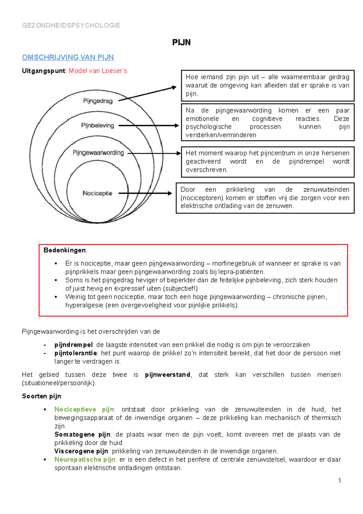 Samenvatting Pijn - PIJN OMSCHRIJVING VAN PIJN Uitgangspunt : Model van ...