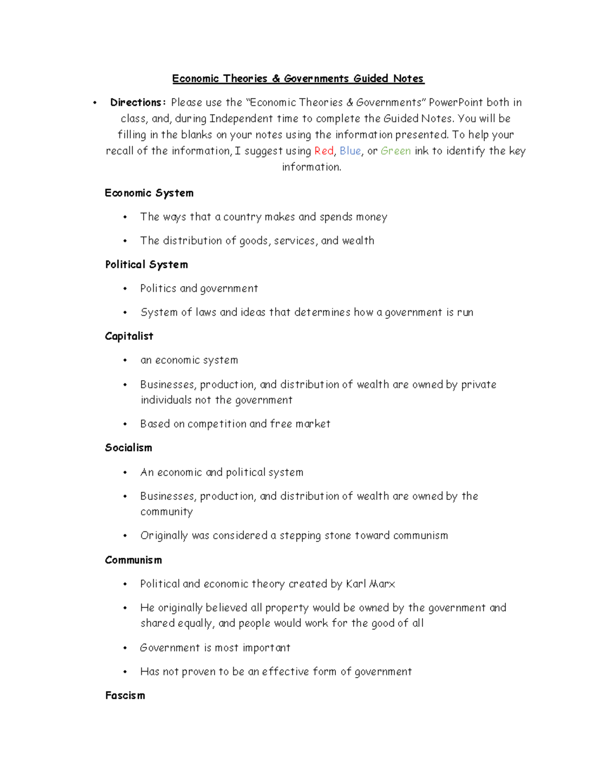 Economic Theories & Gov Guided Notes Answers - Economic Theories ...