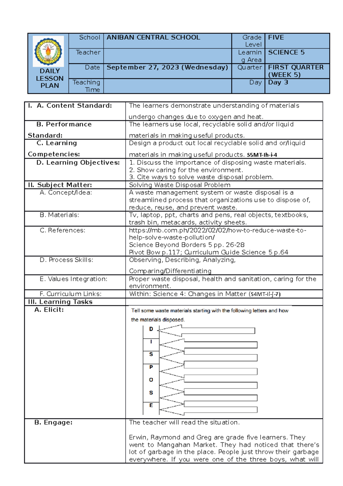 Q1 WEEK5 Science 5 DAY3-4 - DAILY LESSON PLAN School ANIBAN CENTRAL ...