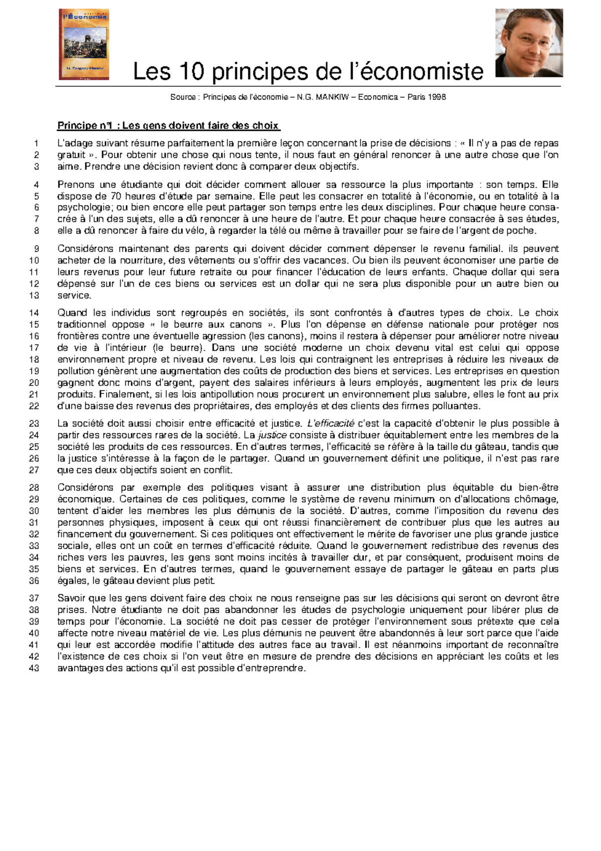 10Principes Economie - Les 10 principes de l’économiste Source : Principes de l’économie – N ...
