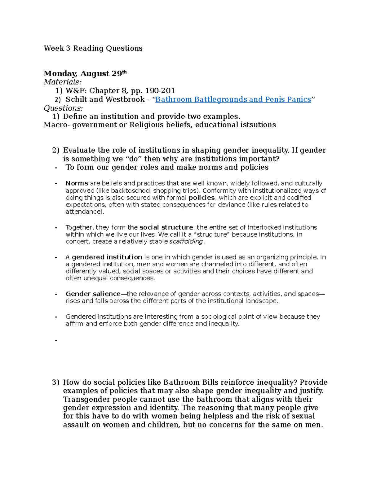 Week 3 Reading Questions - Week 3 Reading Questions Monday, August 29th Materials: 1) W&F: - Studocu