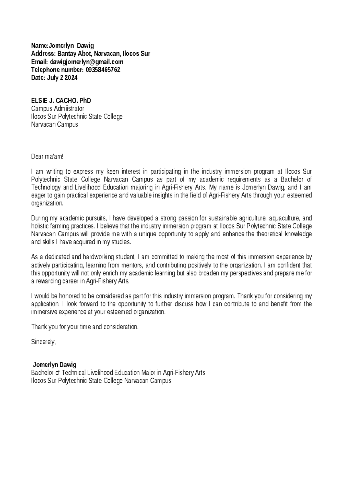 Application letter Jomerlyn - Name:Jomerlyn Dawig Address: Bantay Abot ...