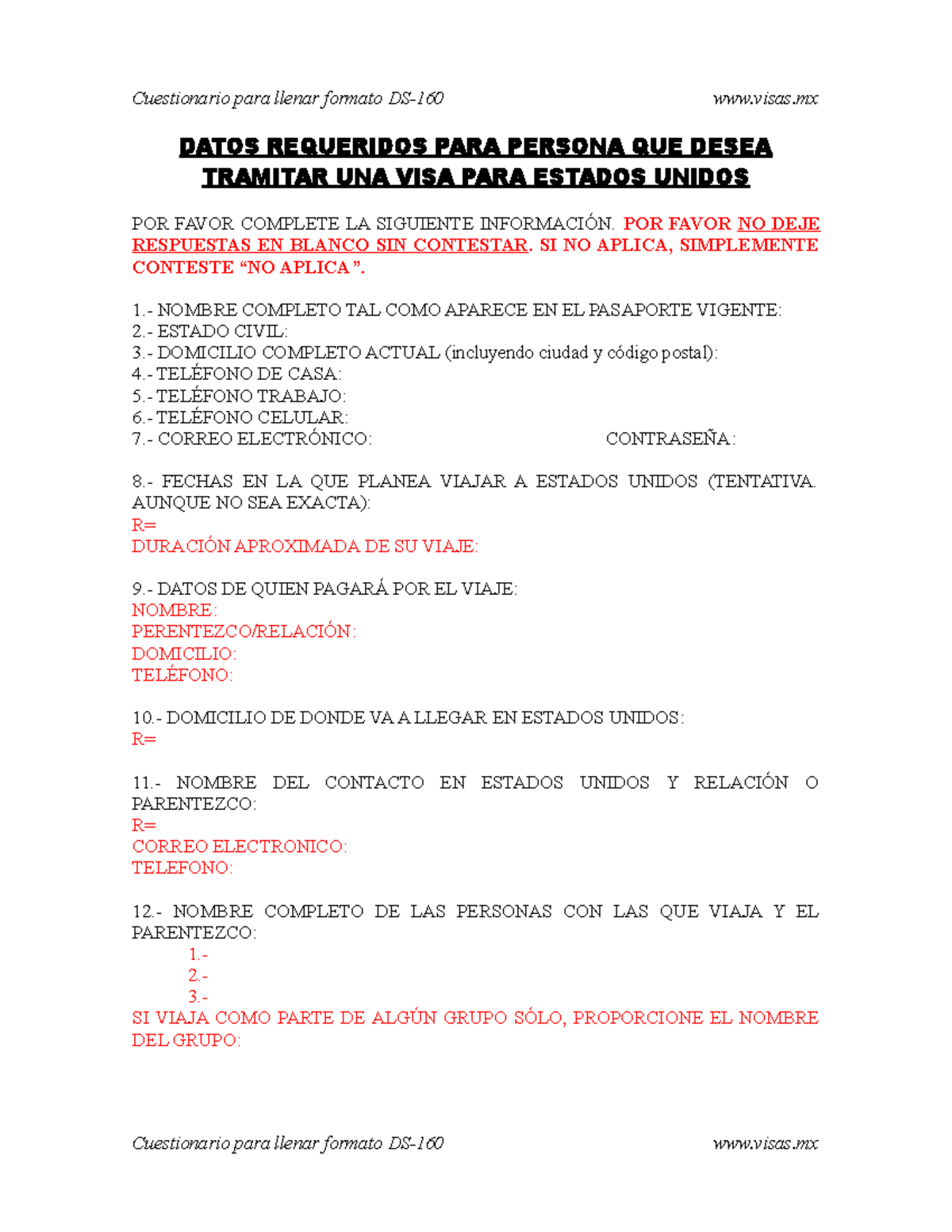 Cuestionario DS-160 PARA VISA Des Eco - Cuestionario para llenar ...