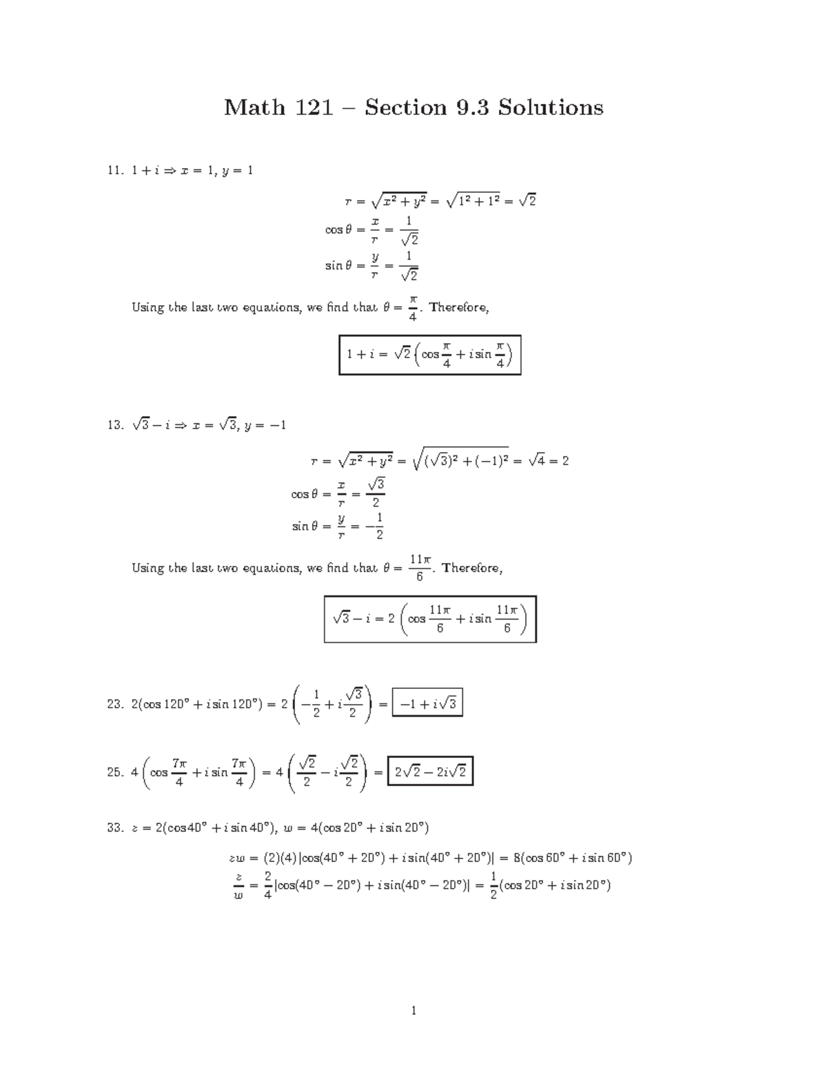 Math 121 –Homework Solutions 9.3 - Math 121 – Section 9 Solutions 1 +i⇒ ...