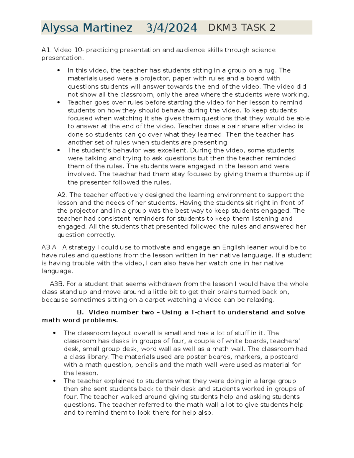 DKM3 - TASK 2 - dkm3 - Alyssa Martinez 3/4/2024 DKM3 TASK 2 A1. Video ...