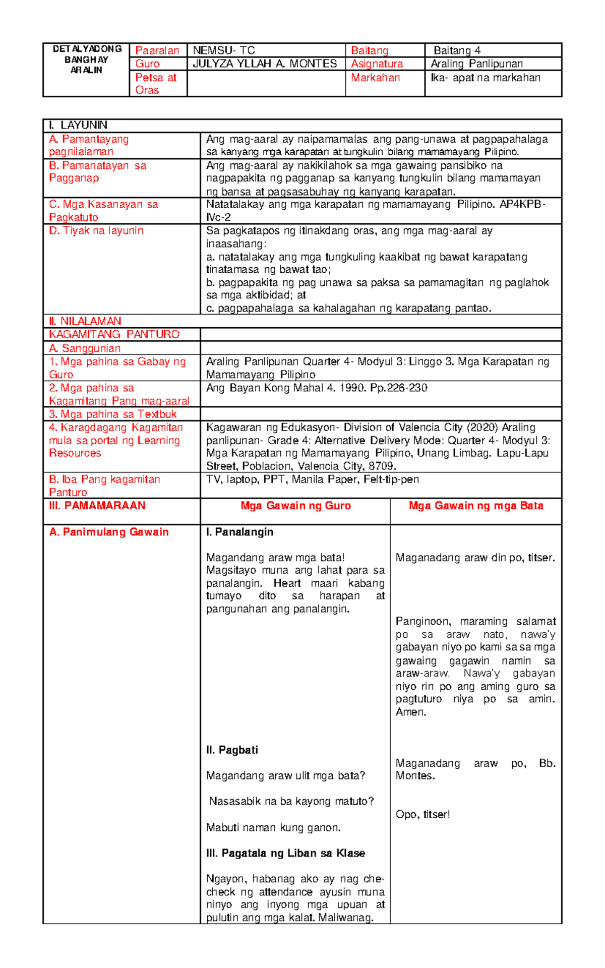Grade 4 Aral.- pan. DLP - DETALYADONG BANGHAY ARALIN Paaralan NEMSU- TC ...