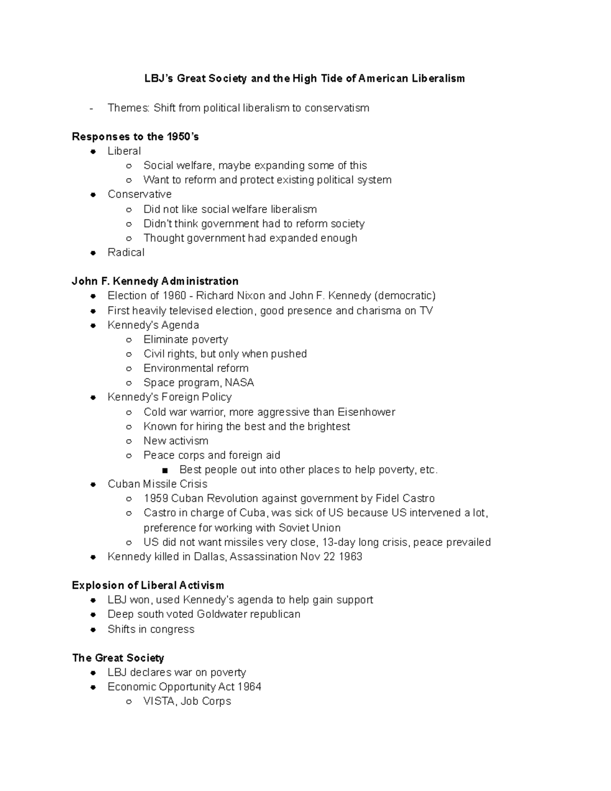 Week 12 The Sixties, 1960-1968 - LBJ’s Great Society and the High Tide ...