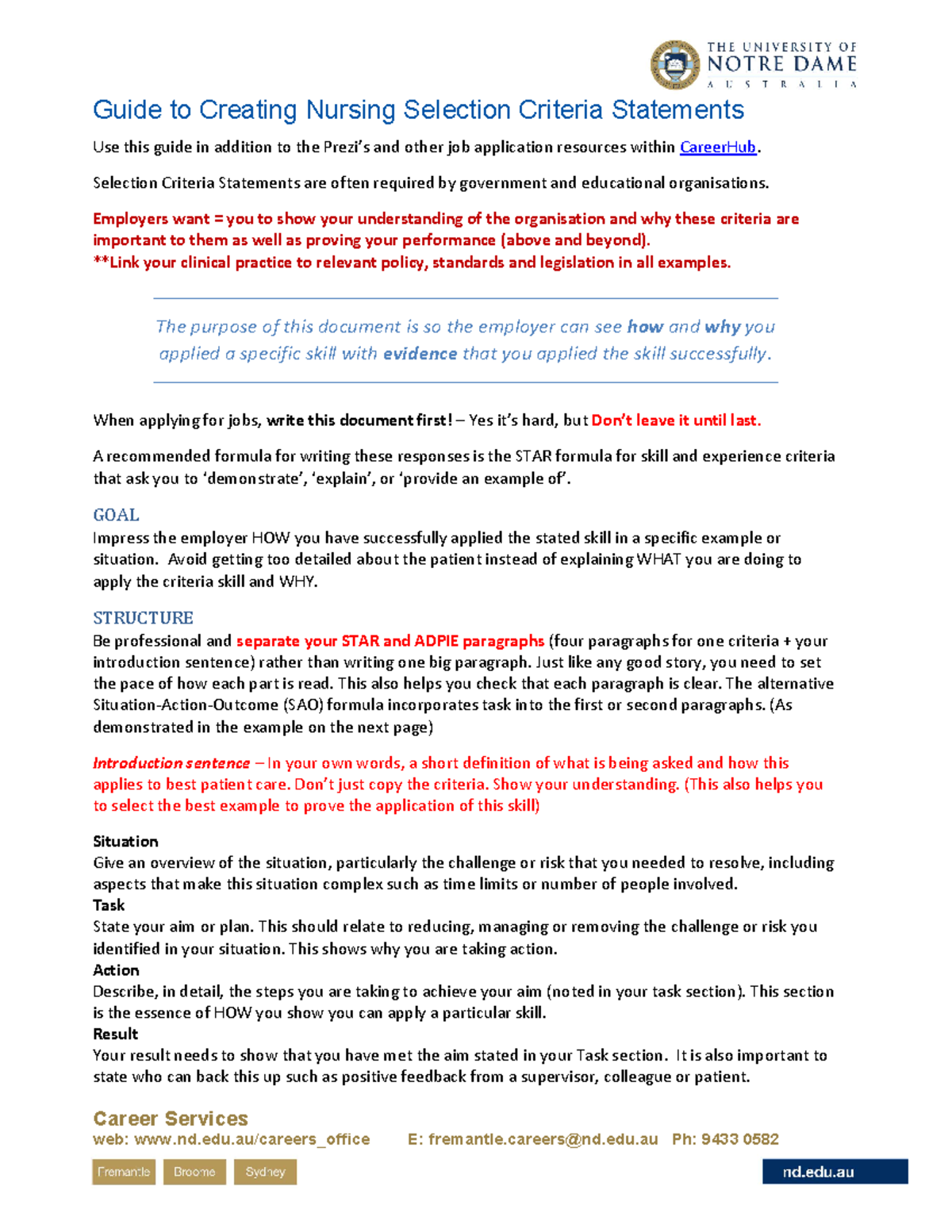 Guide to Creating Nursing Selection Criteria Statements - Career Services Use this guide in ...