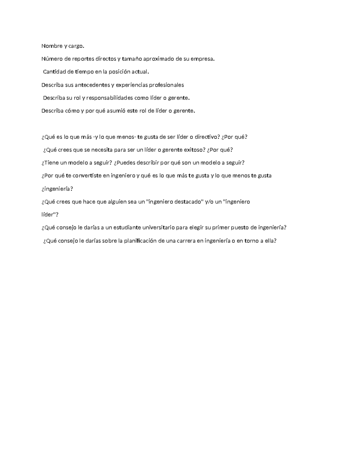 Entrevista - Nombre y cargo. Número de reportes directos y tamaño ...