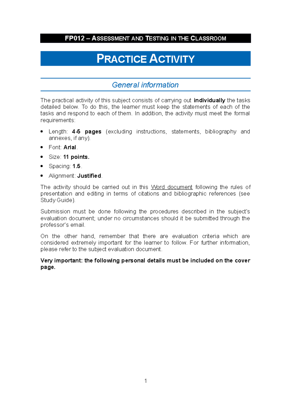 Practice-individual activity - FP012 – ASSESSMENT AND TESTING IN THE ...