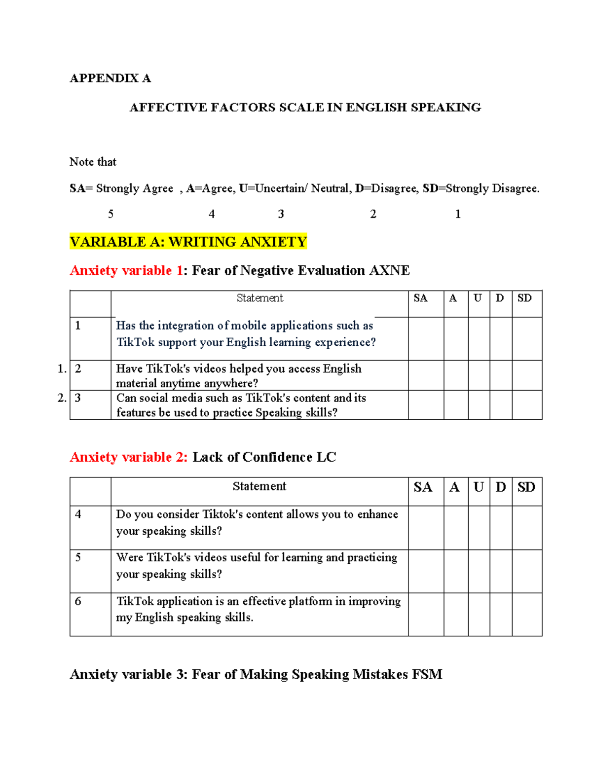 Anxiety Questionnaire Updated - APPENDIX A AFFECTIVE FACTORS SCALE IN ...