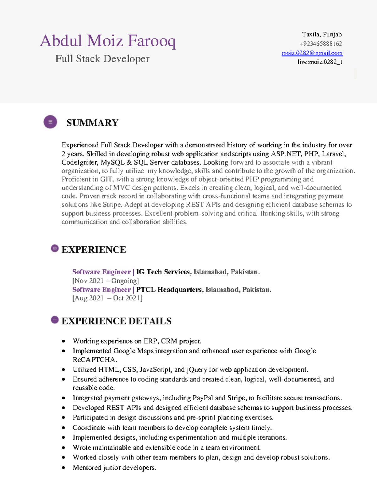 Abdul Moiz Farooq CV 2 - 23asdf - Abdul Moiz Farooq Full Stack Developer Taxila, Punjab +9 - Studocu
