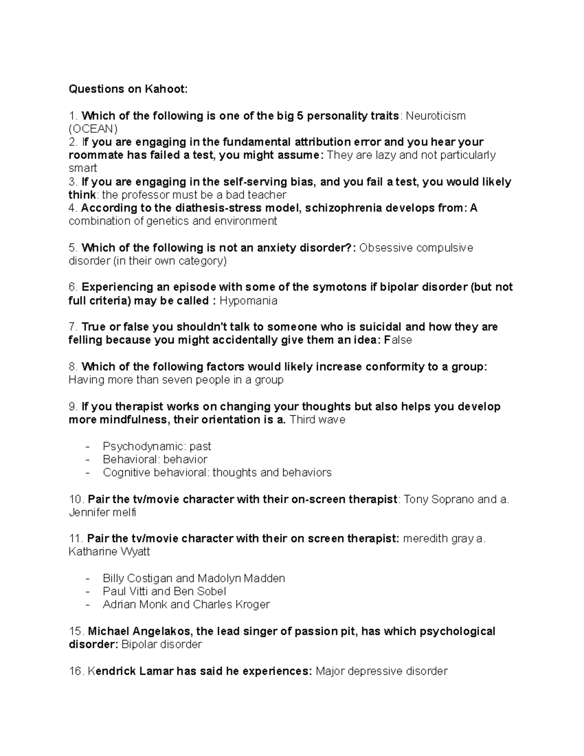 Questions on Kahoot - general psychology - Questions on Kahoot: Which ...