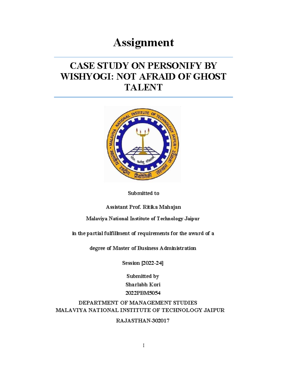 Sharlabh Kori 2022PBM5054 Assignment - I Assignment CASE STUDY ON PERSONIFY BY WISHYOGI: NOT ...