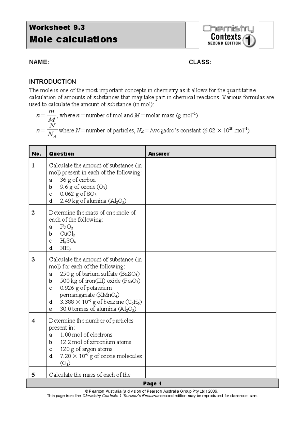 Moles WS - haia - Worksheet 9. Mole calculations NAME: CLASS ...