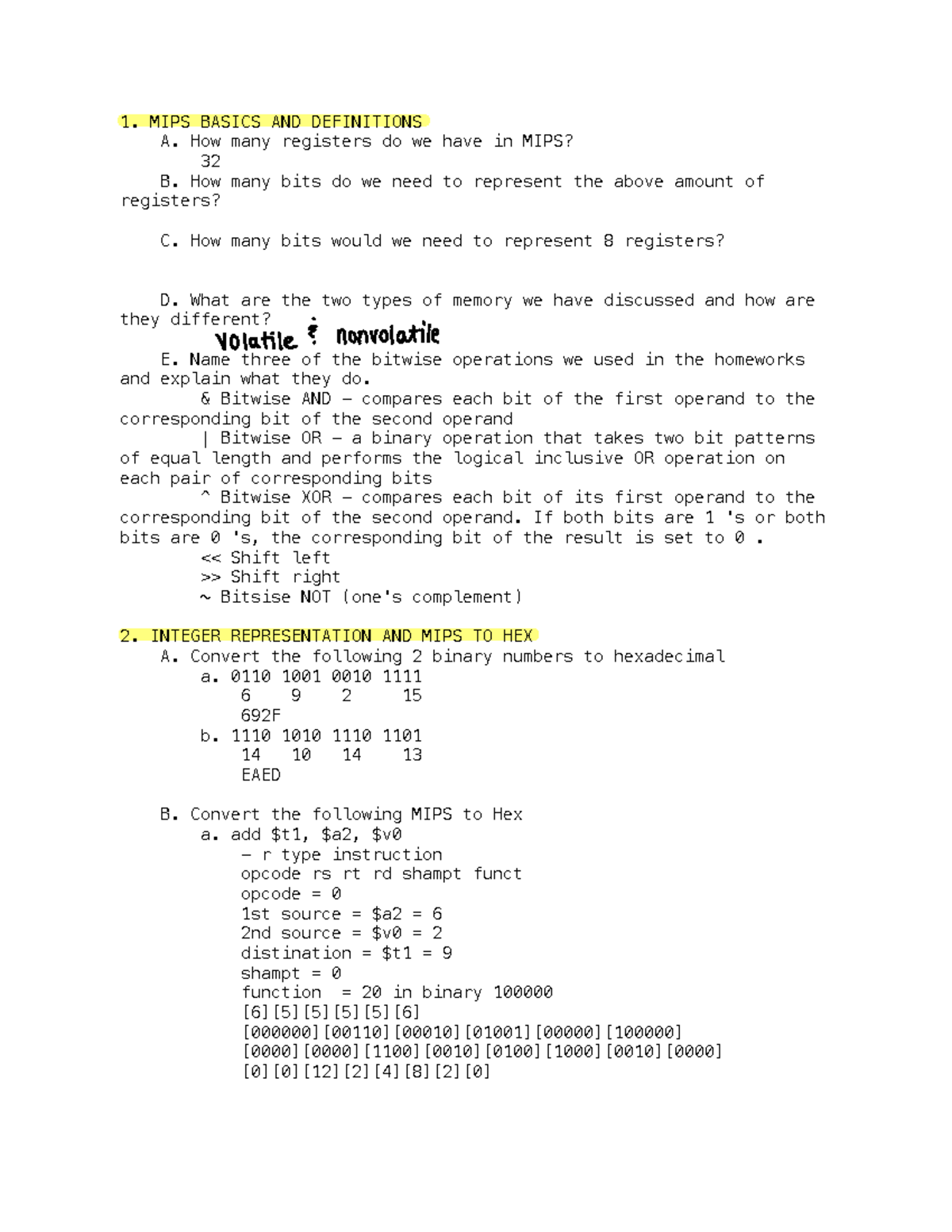 Exam Review for Final - 1. MIPS BASICS AND DEFINITIONS A. How many ...
