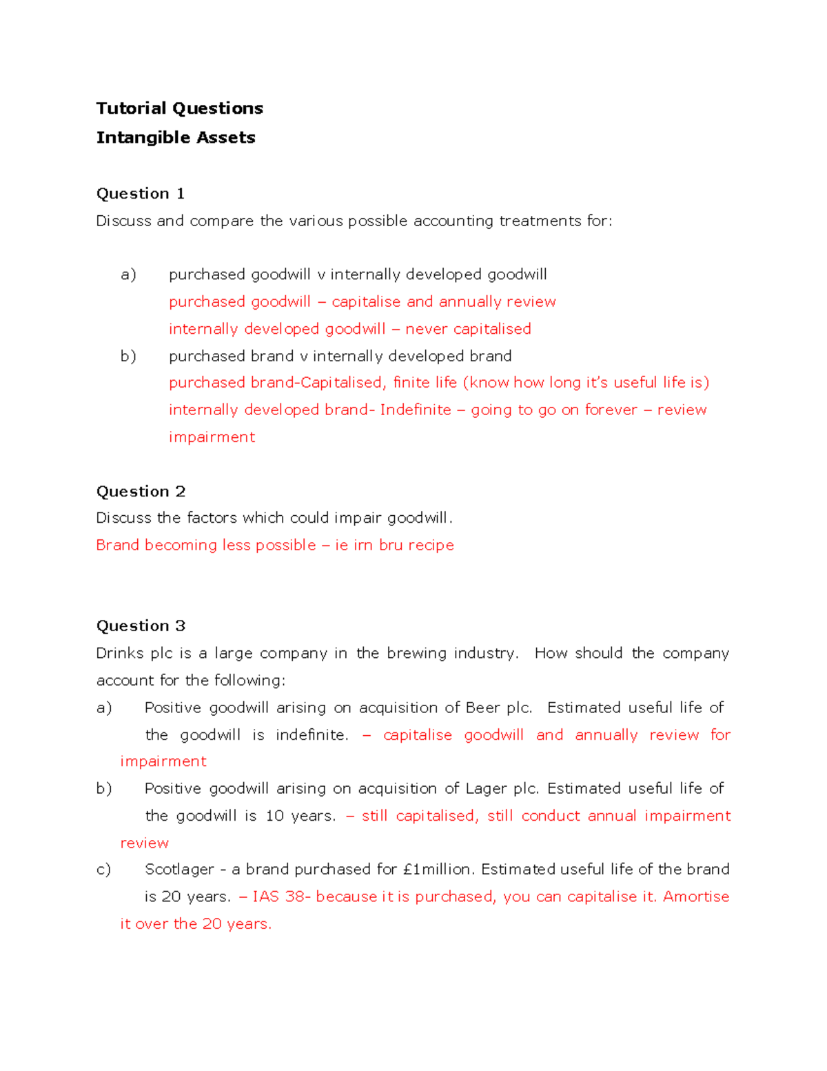 Tutorial 5 - Questions - Goodwill and intangible assets notes ...